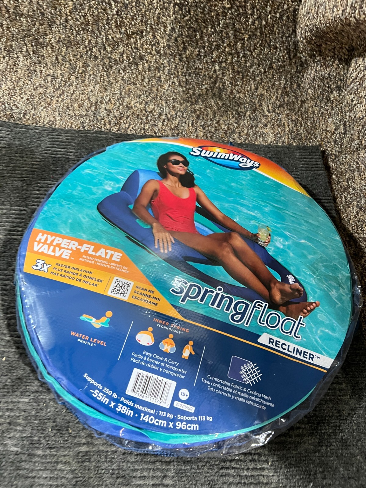 SwimWays Spring Float Recliner Lounger Pool Lake Hyper-Flate Valve Blue ...