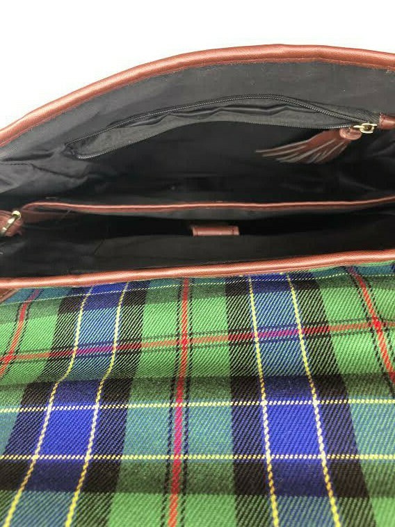Green wool plaid tartan + brown leather gold metal Preppy backpack bag ...