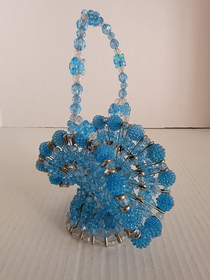 Vintage Retro Blue and Clear Bead and Safety Pin Basket Handmade Folk ...
