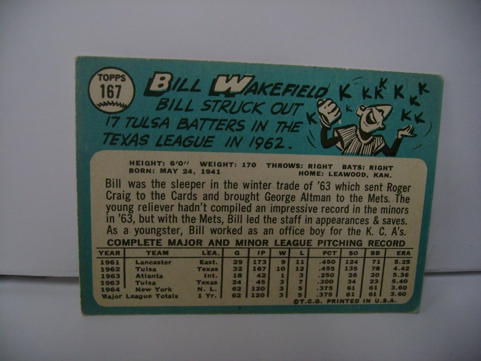 BILL WAKEFIELD 1965 TOPPS #167 EX+ METS | eBay