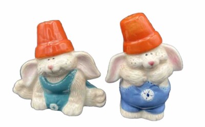Bunnies Rabbits CrackPot Blue Teal Overalls Salt And Pepper Easter | eBay