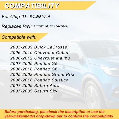 KOBGT04A Key Fob Replacement for 06-10 Chevy Cobalt & Pontiac G6, 4 Btn ...