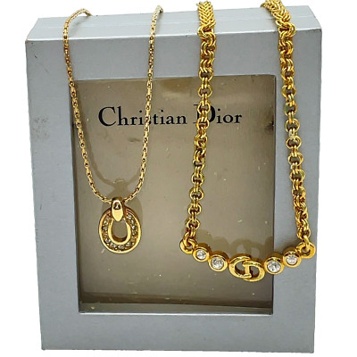 Auth Christian Dior Oval/CD Logo Rhinestone Gold Necklace 15.92g Set2 ...