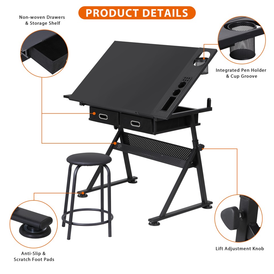 Drafting Table Artist Drawing Table Adjustable Craft Table w/Drawers ...