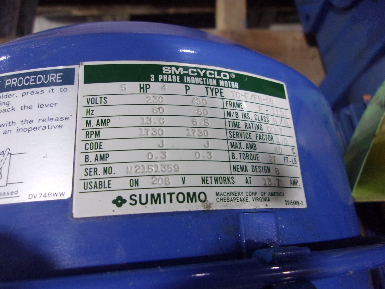 SUMITOMO CYCLO 3ph GEAR MOTOR 5hp 1730rpm 80:1 F-112M KHYM5-80-K1-B-80 ...