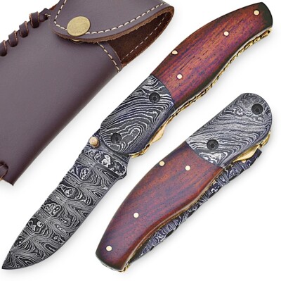 Aisha Tech Custom Hand made Folding knives Damascus Blade Wood handle ...