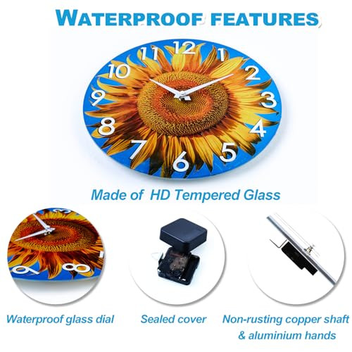 Outdoor Clock Waterproof,Sunflower Decorative Glass Wall Clocks for ...