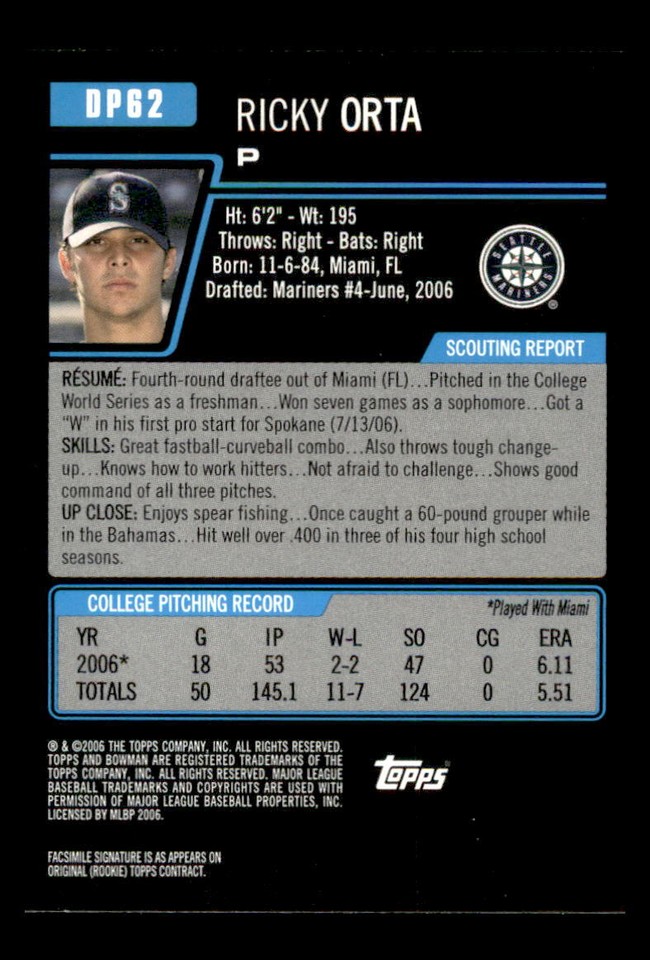 2006 Baseball Bowman 1st Card Ricky Orta Seattle Mariners #DP62 Blue RC ...