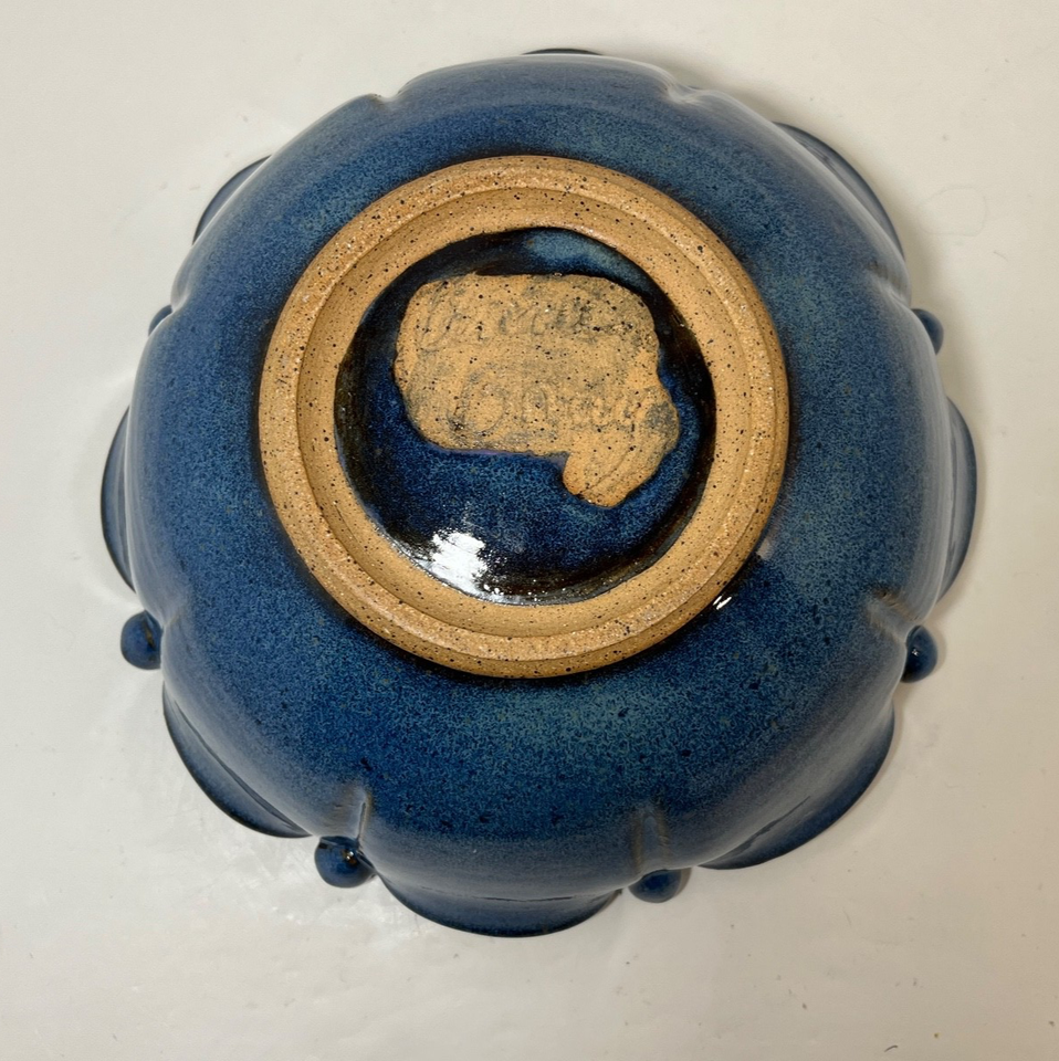 Anne Bray Blue and Gray Art Pottery Bowl 8.5 Inch Scalloped Beaded Rim ...