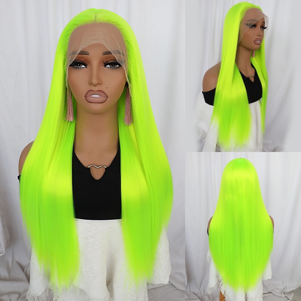 Bright Yellow Neon Green Straight Hair Lace Front Wigs Pre Plucked ...