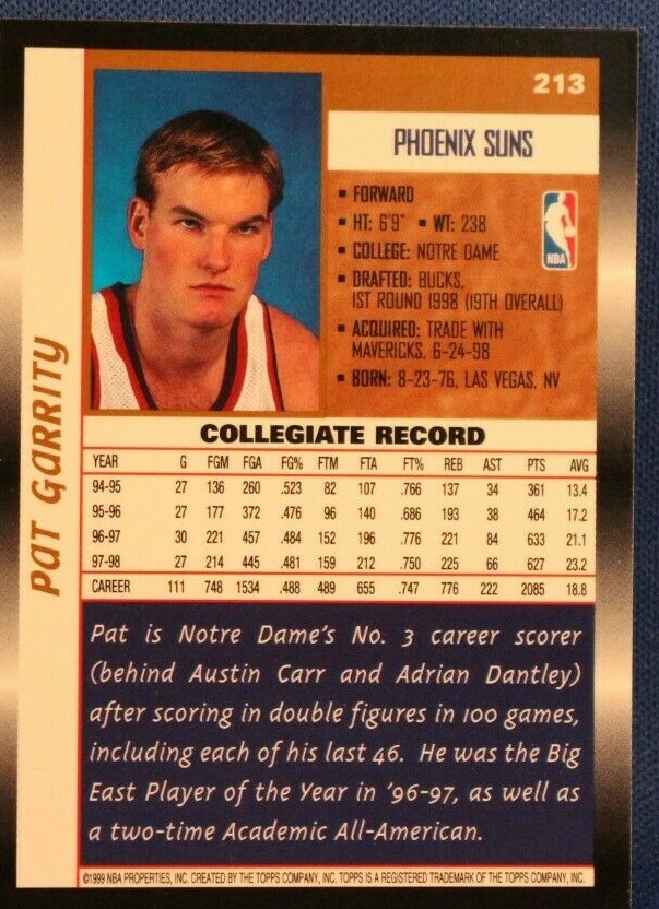1998-99 Topps Phoenix Suns Basketball Card #213 Pat Garrity Rookie Card ...