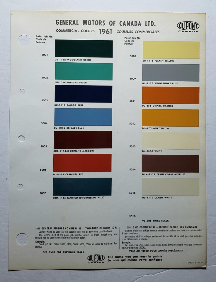 1961 GM Passenger & Commercial Auto Color Chips Chart Paint Codes ...