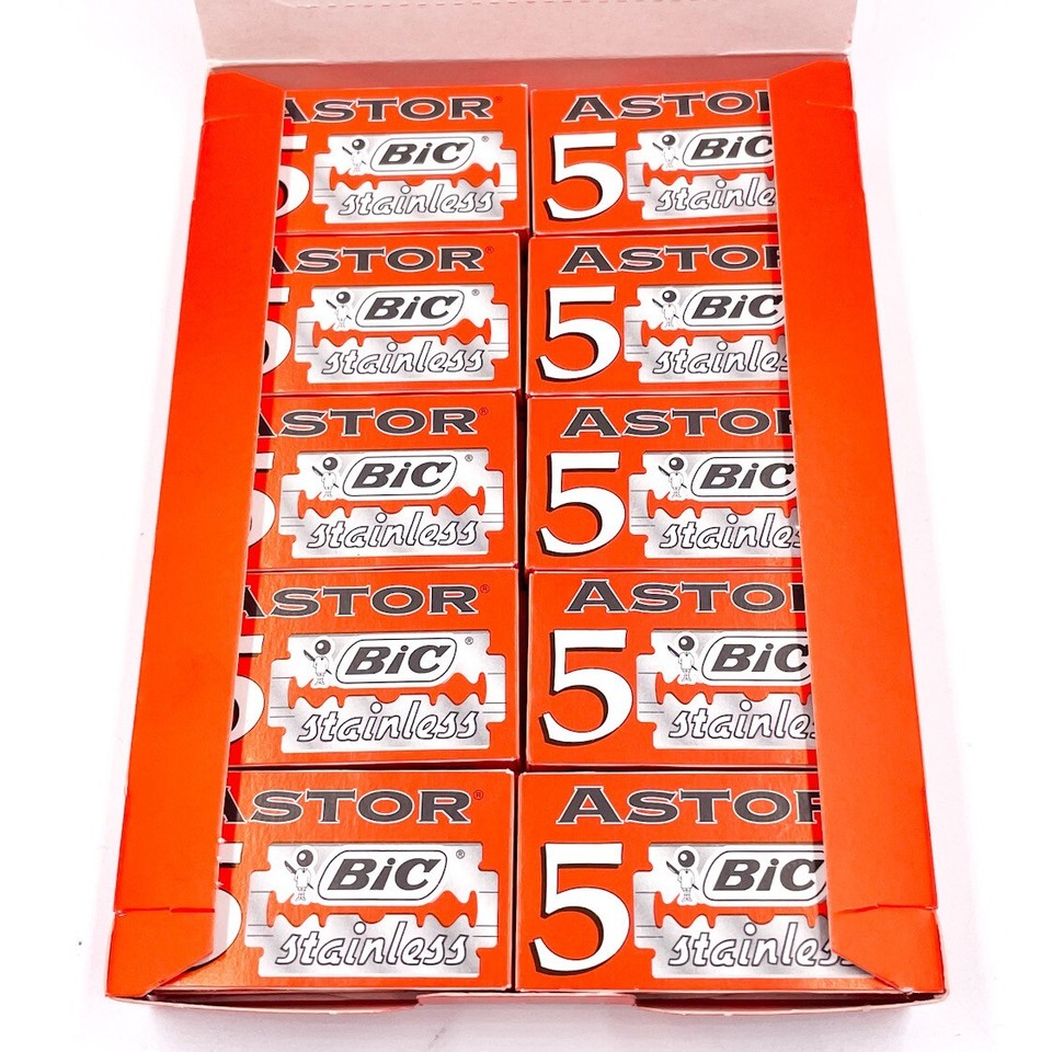 100 BIC Astor Stainless Double Edge Safety Razor Blades-SMOOTH (Card of ...