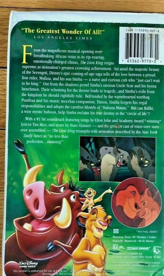 RARE The Lion King VHS (1994 Walt Disney Masterpiece Collection), G8469 ...