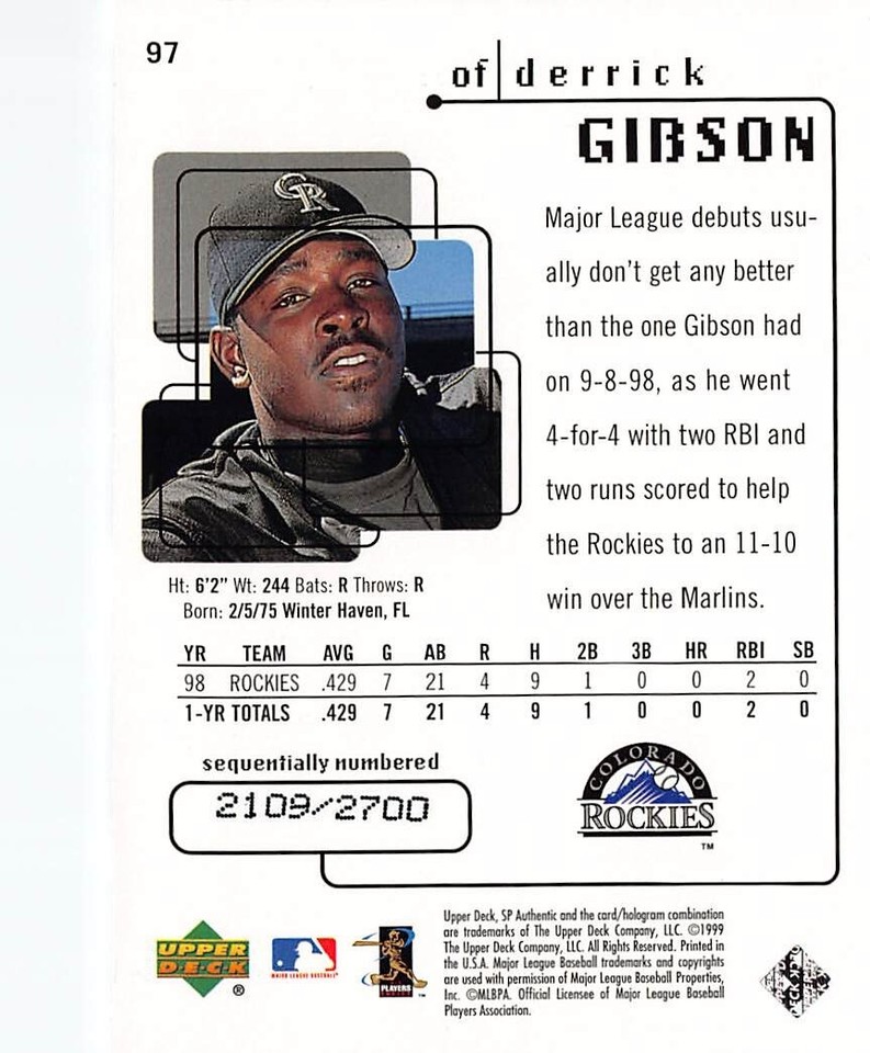 1999 SP Authentic #97 Derrick Gibson FW 2109/2700 p2s-30901 | eBay