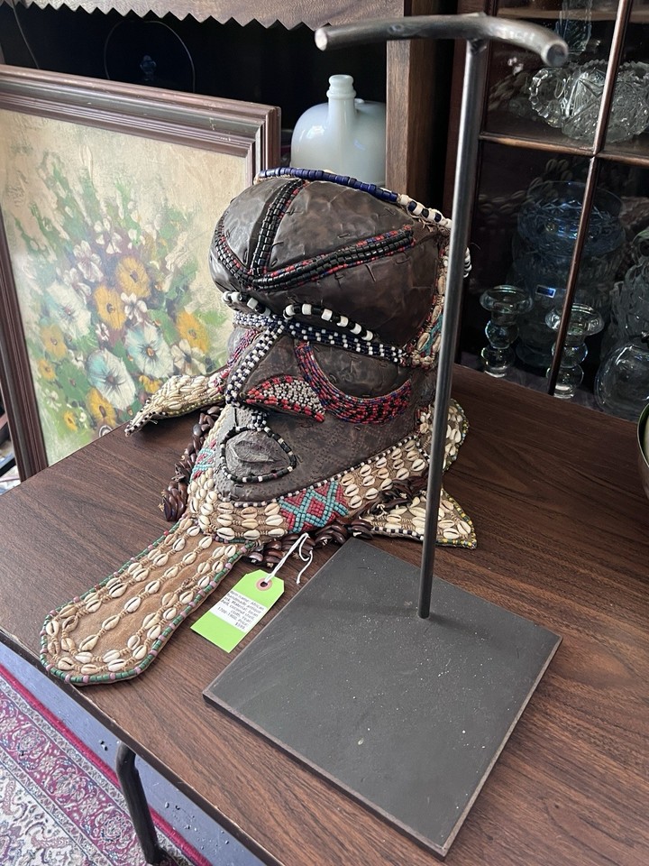 Antique African Kuba tribal helmet mask, embellished with gemstones and ...