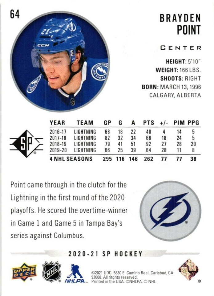2020-21 UPPER DECK SP AUTHENTIC BRAYDEN POINT #64 CARD $0.99 VALUE BOX ...