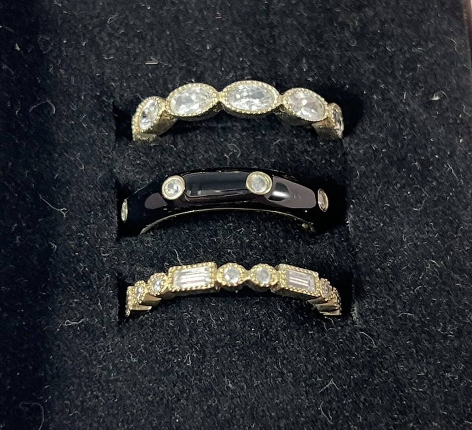 QVC Black Enamel And Diamonique CZ Eternity stack Ring set of 3 Size 9 ...