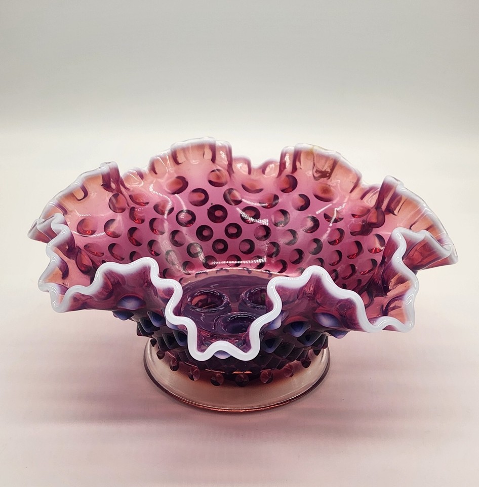 VINTAGE FENTON PLUM OPALESCENT HOBNAIL THREE HORN FLOWER EPERGNE BASE ...