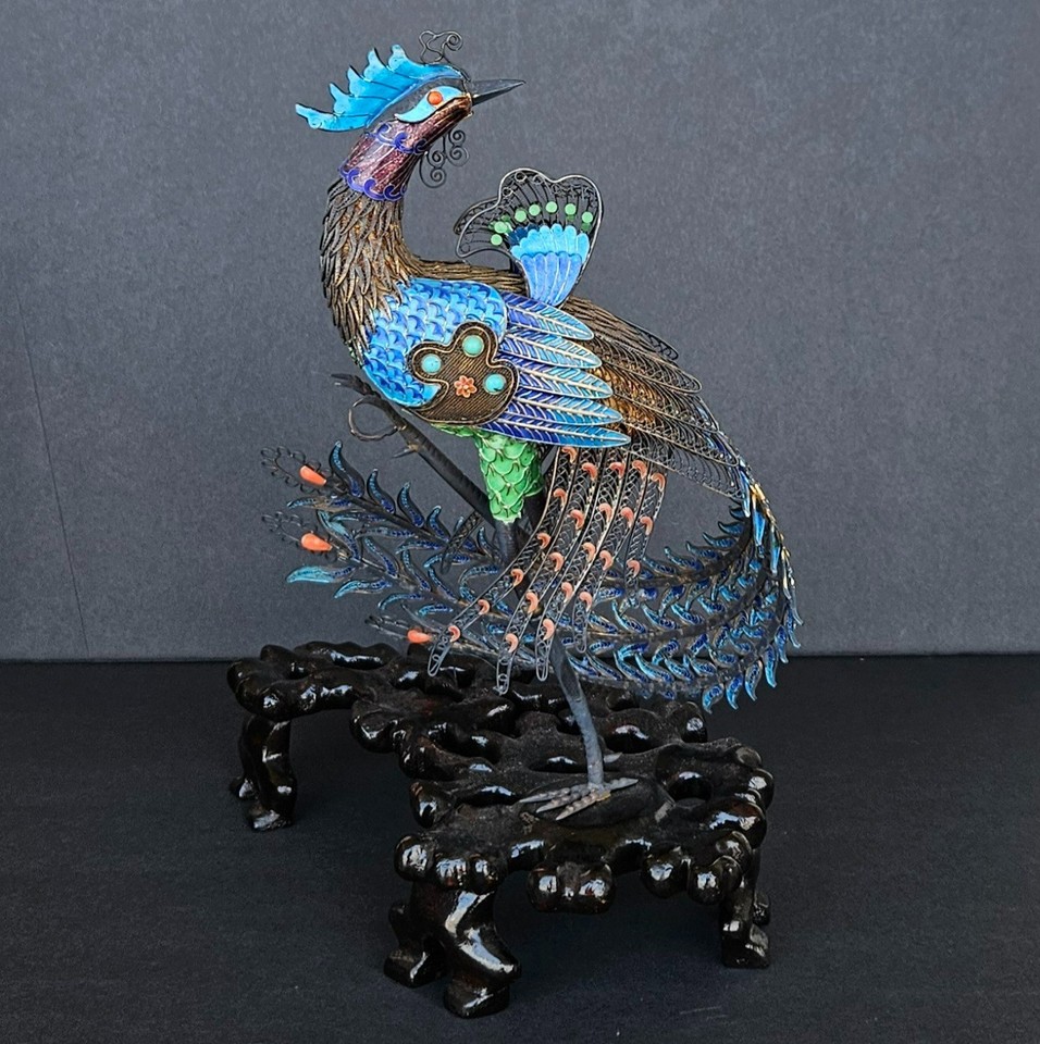 Vintage Large Chinese Export 925 Silver & Cloisonne Fenghuang Phoenix ...