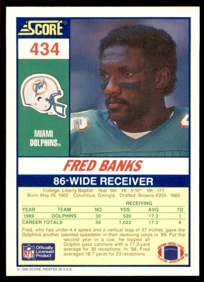 1990 Score Fred Banks Rookie Miami Dolphins #434 | eBay