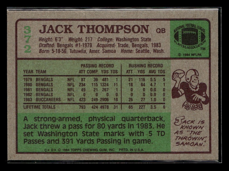 1984 Topps #372c Jack Thompson - NM/MT+ Set Break! | eBay