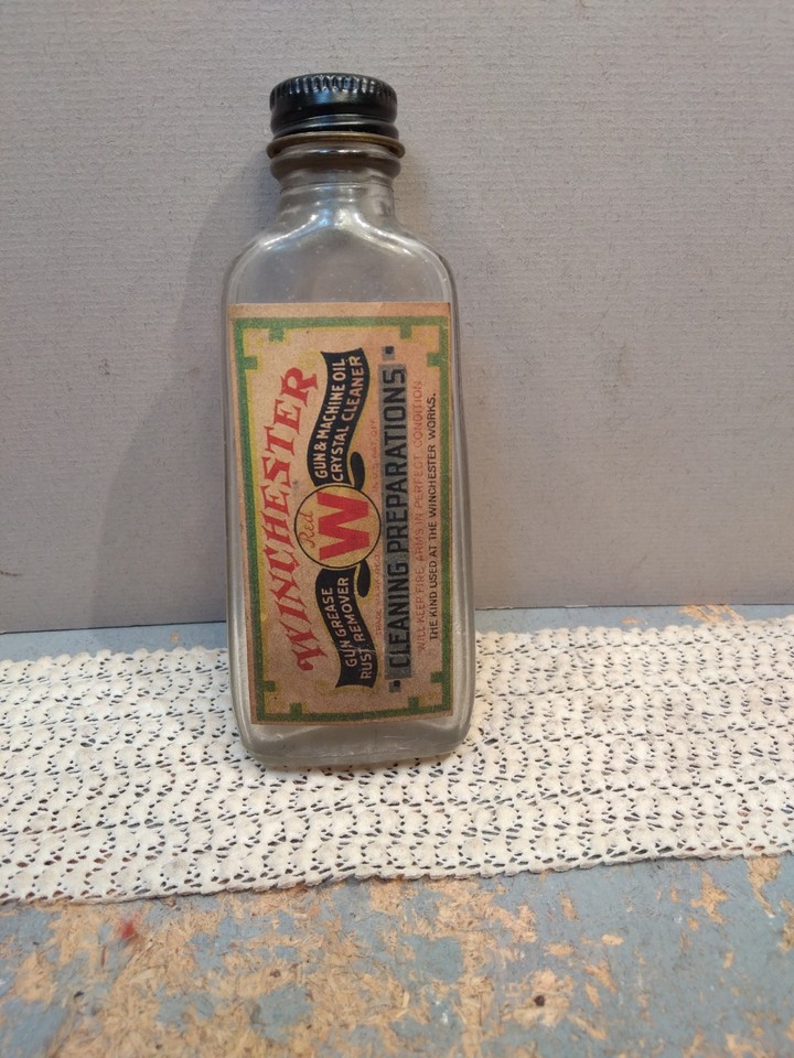 Antique Winchester Red W Cleaning Preparation Glass Bottle , Paper ...