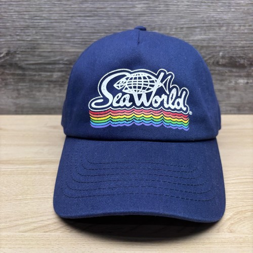 SeaWorld Hat Cap Baseball Strap Back Navy Blue Rainbow Logo Theme Park ...