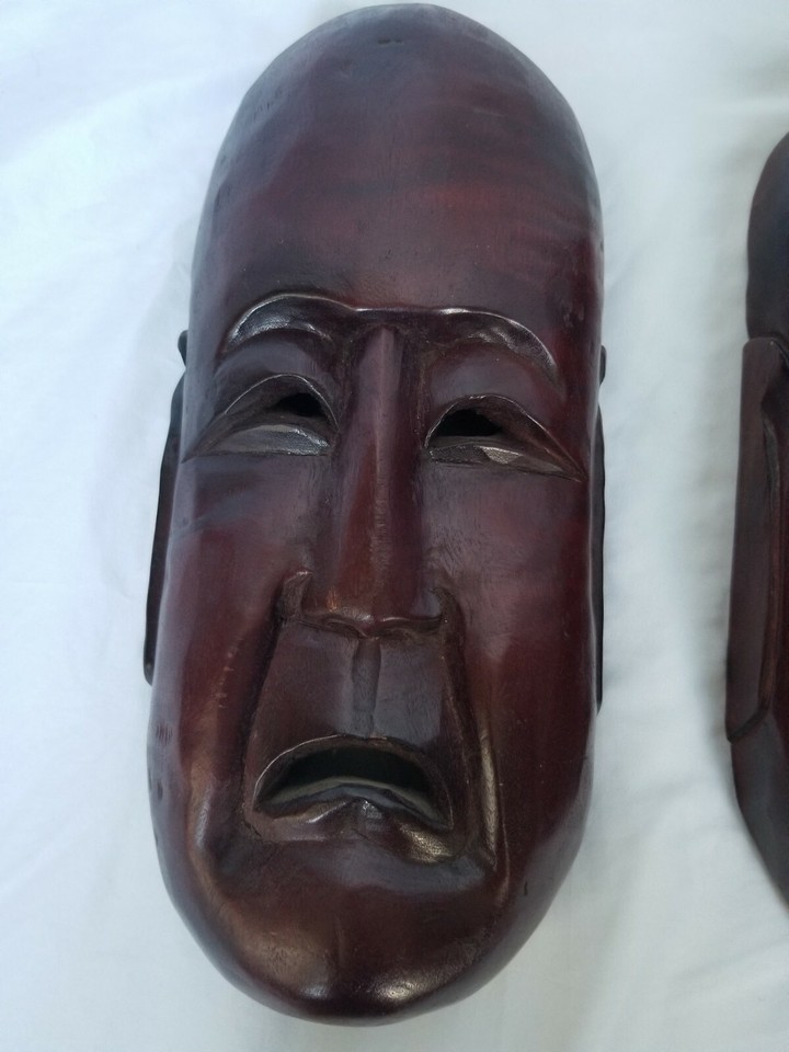 Vintage/antique Oriental Japanese(?)noh Happy/Sad theatre Wood Masks ...