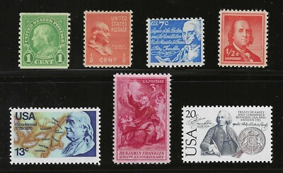 BENJAMIN BEN FRANKLIN - SET OF 7 U.S. POSTAGE STAMPS (1923-1983) MINT ...