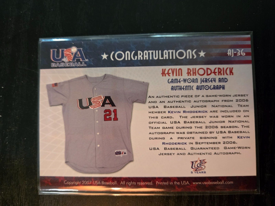 2007 USA Baseball National Jersey Signature Black Ink Kevin Rhoderick ...