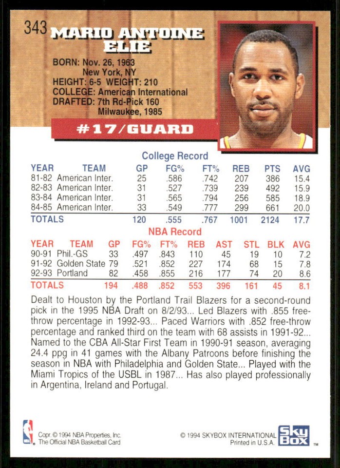 1993-94 Hoops #343 Mario Elie | eBay