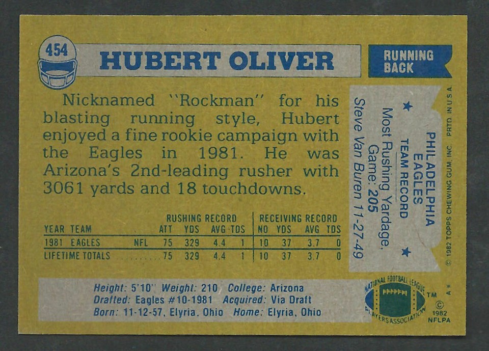 1982 TOPPS #454 HUBERT OLIVER Philadelphia Eagles ROOKIE CARD - HIGH ...