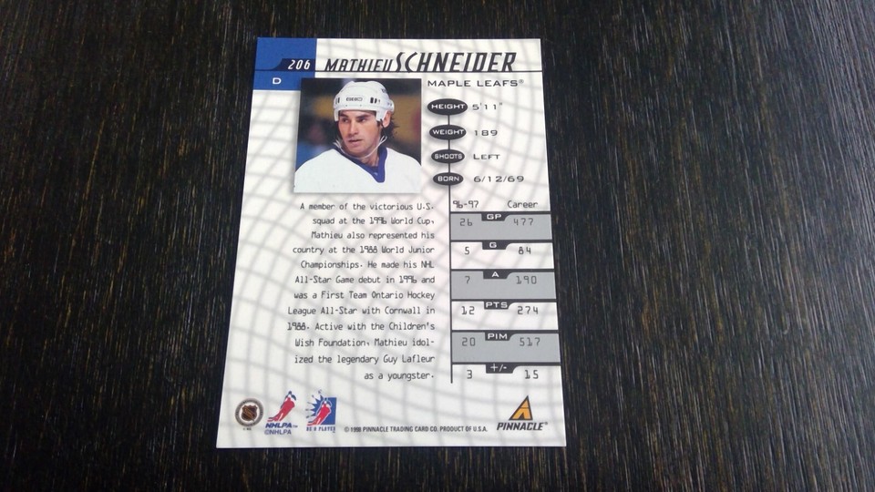 1997-98 Pinnacle Be A Player Mathieu Schneider #206 (AUTOGRAPH) (MINT ...