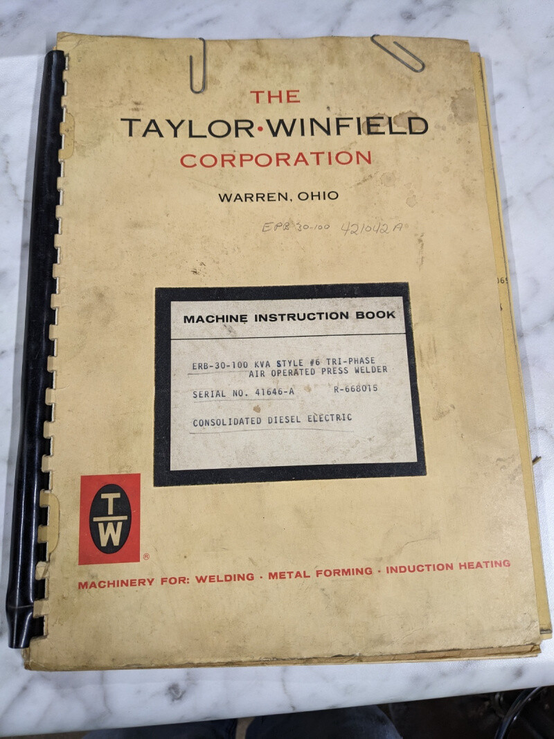 TAYLOR WINFIELD MACHINE INSTRUCTION MANUAL #187-B ERB-30-100 PRESS ...