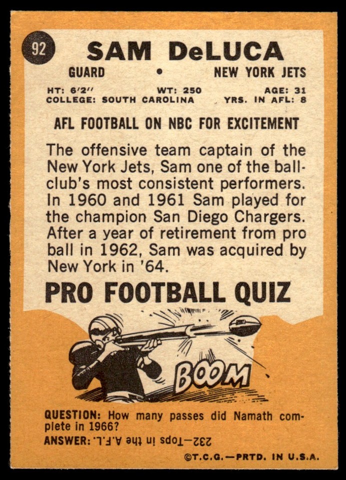 1967 Topps Sam DeLuca New York Jets #92 | eBay