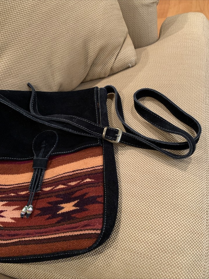 Crossbody Purse Handbag Aztec Design Black Genuine Suede | eBay