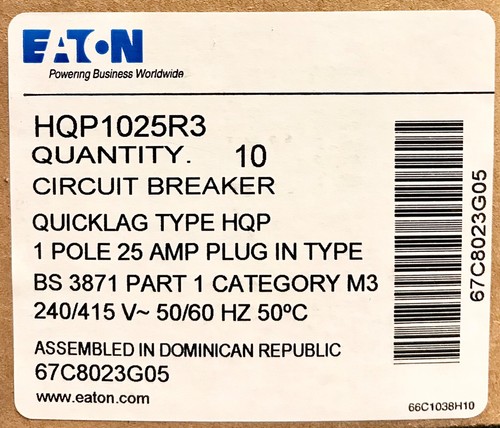 BOX OF 10 EATON CUTLER HAMMER HQP1025R3 25 AMP Type HQP BS3871 Circuit ...