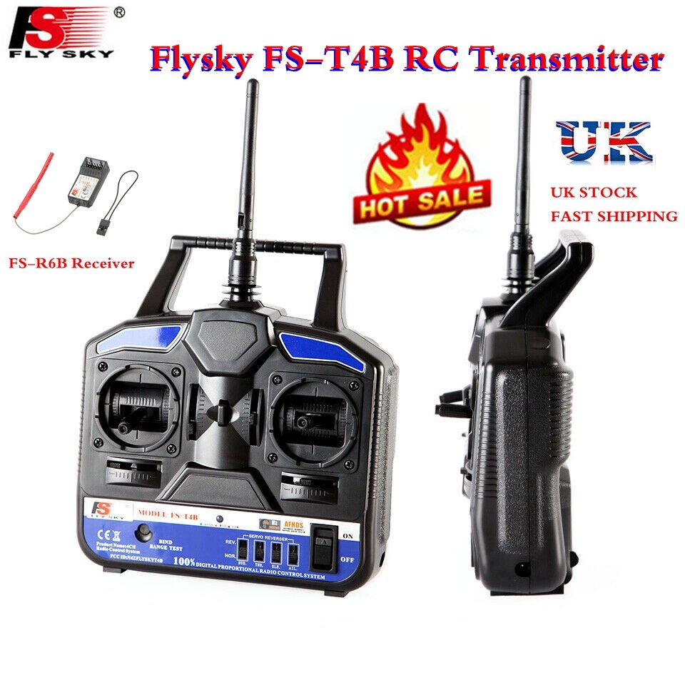 Authentic Flysky FS-T4B 4CH 2.4G Radio Model RC Transmitter & Receiver ...