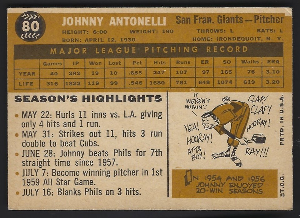 1960 Topps Johnny Antonelli [] San Francisco Giants #80 | eBay