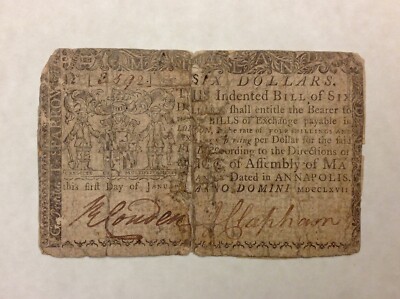 1767 MARYLAND $6 SIX DOLLARS COLONIAL CURRENCY - FR MD 47 cd | eBay