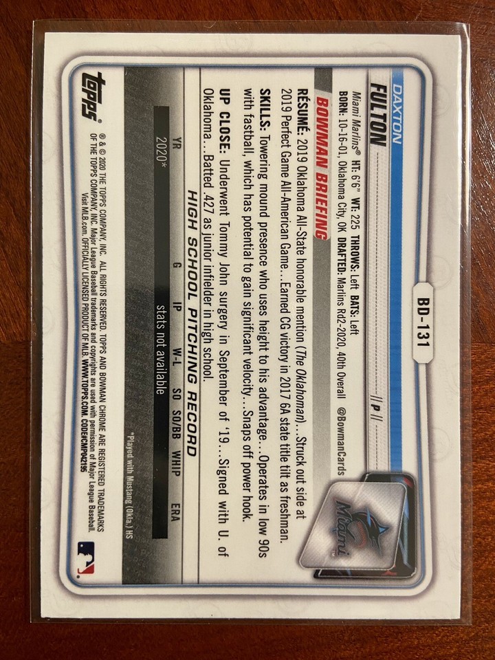 DAXTON FULTON 2020 BOWMAN DRAFT CHROME 1ST BOWMAN | eBay