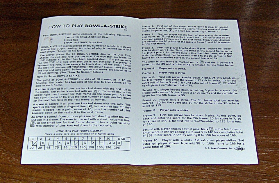 VINTAGE 1962 - E.S. LOWE - "BOWL-A-STRIKE" - INSTRUCTION PAMPHLET ...