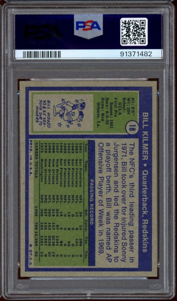 1972 Topps Football #18 Bill Kilmer PSA 8 *d4 | eBay