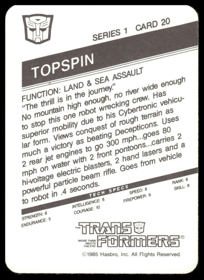 1985 Hasbro Transformers #20 Topspin Series 1 Action Card EX | eBay