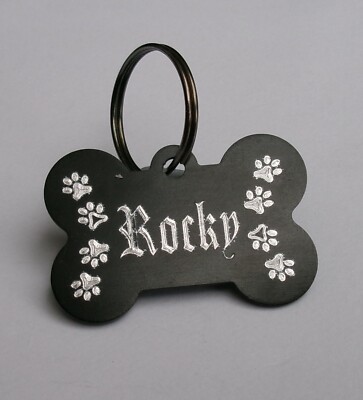 GOTHIC STYLE DOG TAG WITH 3D PAW PRINTS OLD ENGLISH FONT & YOUR DETAILS ...