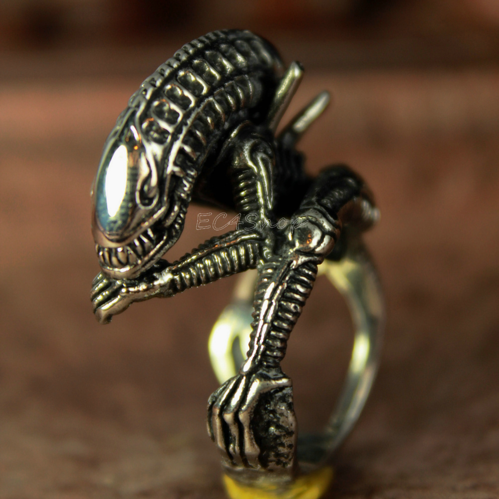 Mens Vitnage 3D Alien Skull Stainless Steel Biker Ring Space Predator ...