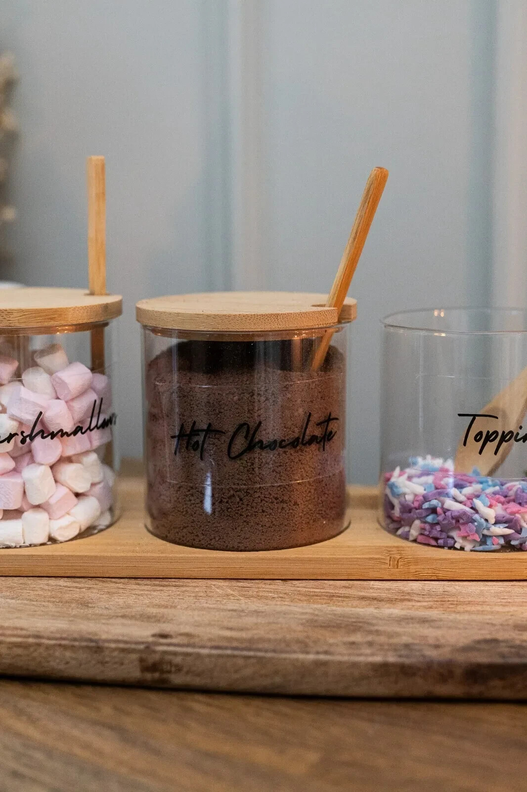 Hot Drinks Station Set 3pc Glass Jars Storage Wooden Lids Chocolate Tea ...