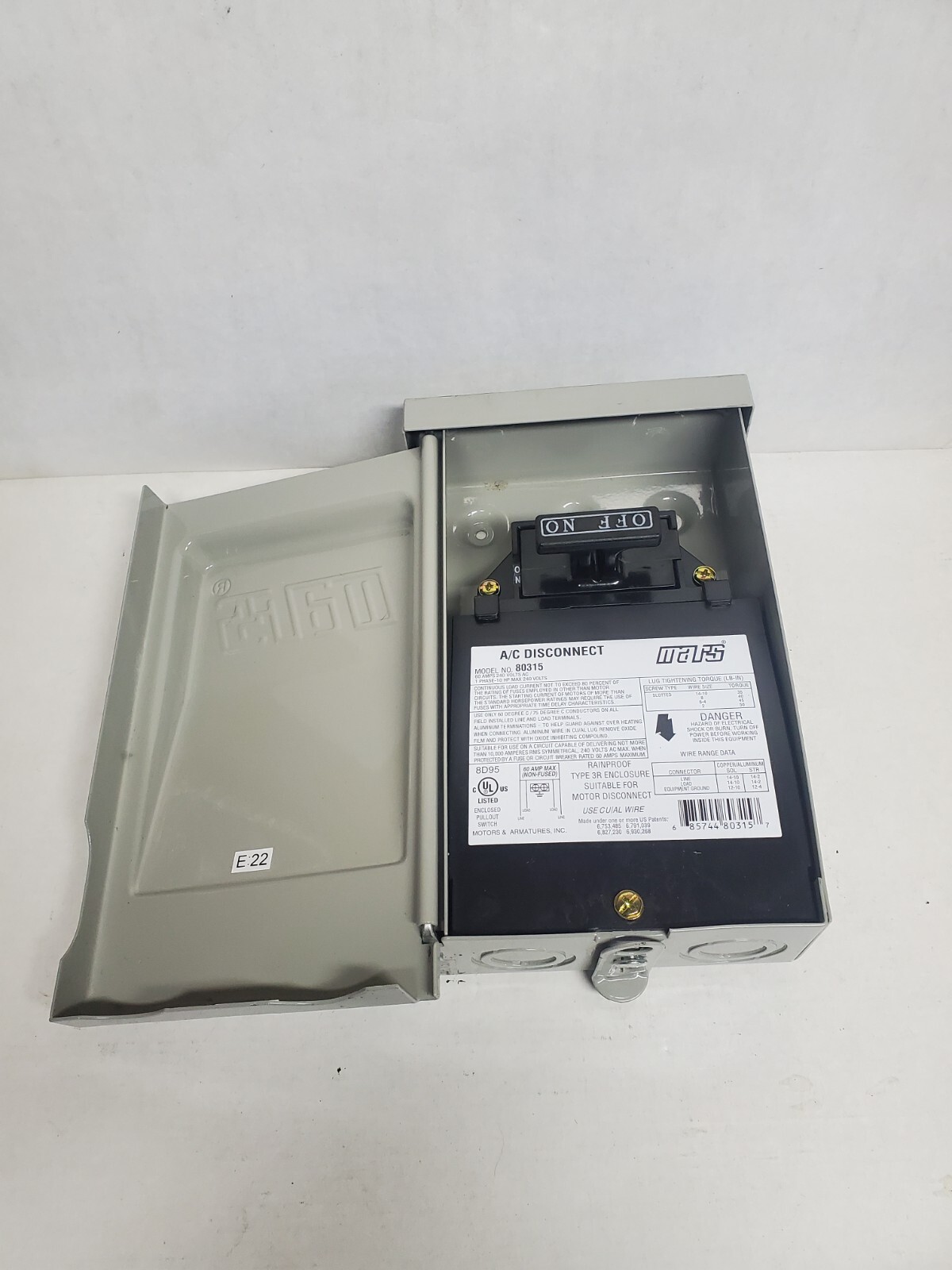 Mars 80315 Non-fusible Disconnect Switch 60a 240v for sale online | eBay