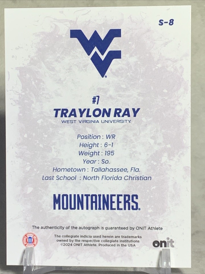 2024 Onit West Virginia Mountaineers - ON CARD AUTO #S8 Traylon Ray 21/ ...
